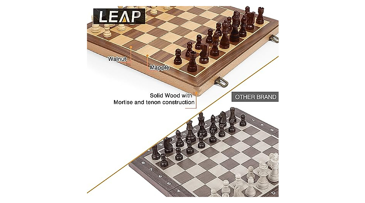 LEAP Wooden Chess Set - 15" Walnut & Maple Folding Board with Extra Queens