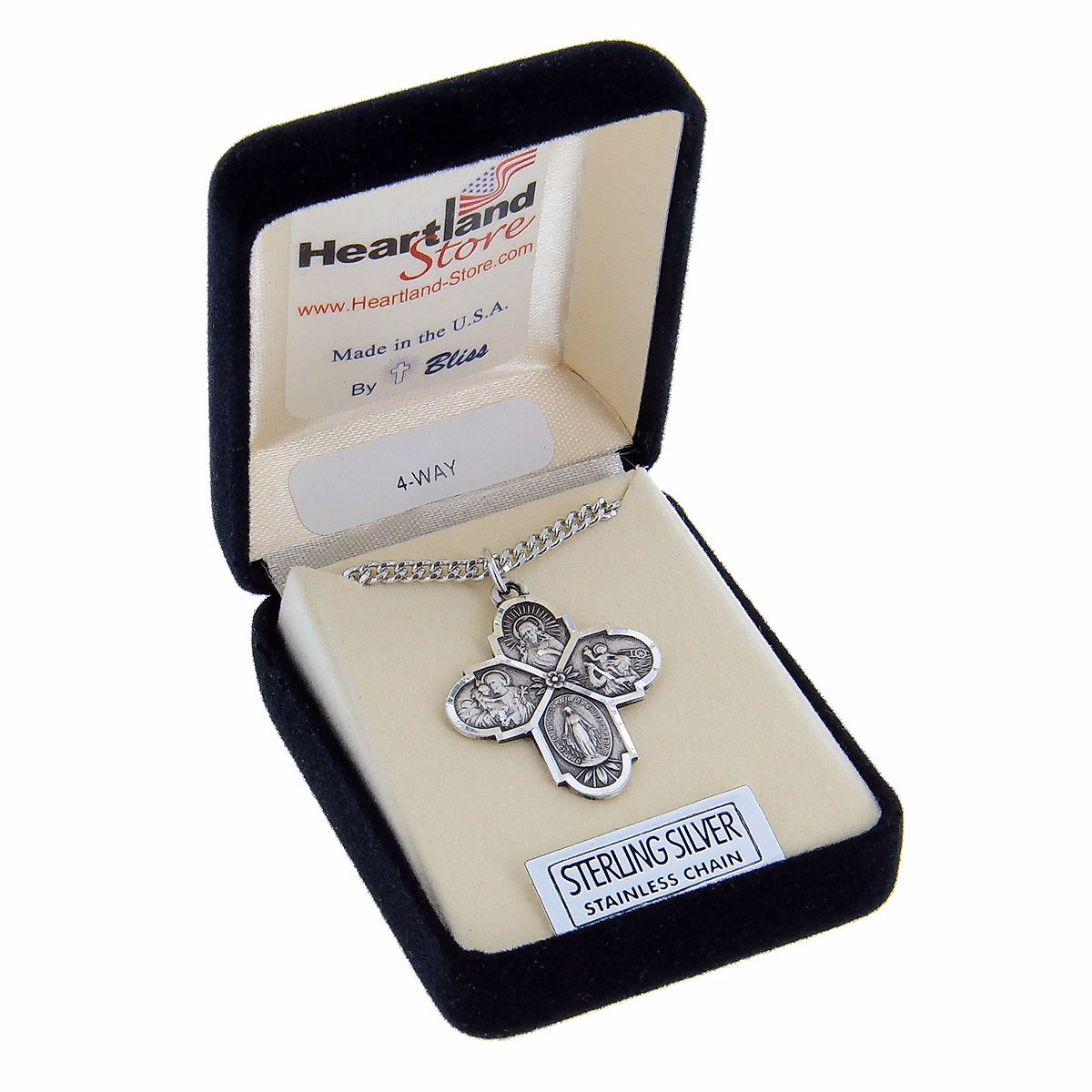 Heartland Store 4 Way Cross .925 Sterling Silver Pendant + 24 Inch Rhodium Plated Chain & Clasp