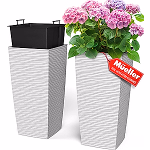 Mueller M-Resin Heavy Duty Tall Planter, Indoor/Outdoor Grande Plant, Tree, Flower Pot, 2-Piece Set, 24”, Modern Design, Built-in Drainage, White