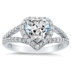 Size 9 - Solid 14k White Gold Heart Shape Solitaire with Round Side Stones CZ Cubic Zirconia Engagement Ring 2.0ct.
