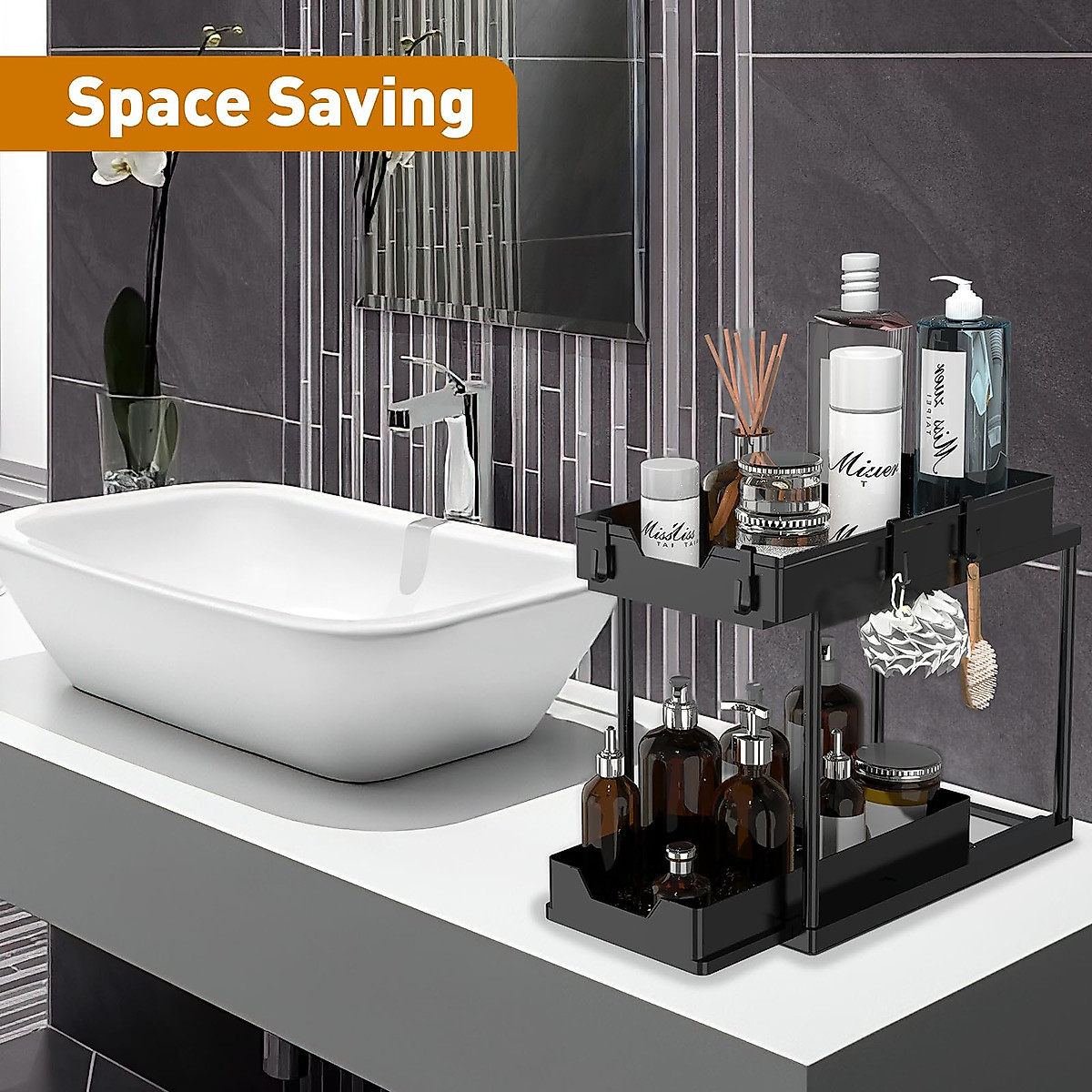 Ulruo 2 Pack Double Pull Out Under Sink Organizers, 2 Tier Multi Purpose Under Cabinet Organizer with Hooks & Hanging Cups, Under Sink Shelf Organizer for Kitchen Bathroom, Black