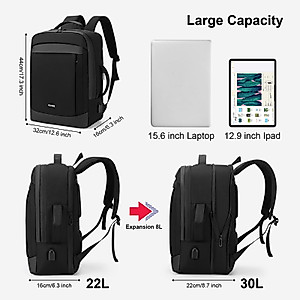 HOMIEE 30L Travel Laptop Backpack for Men Women, 15.6 Inch Expandable Backpack with USB Charging Port, Water Resistant Business Work College Bag, Black