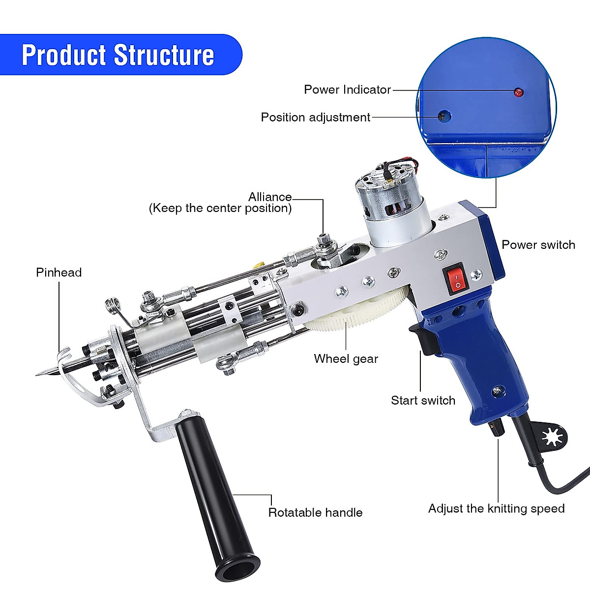 Cut Pile Rug Tufting Gun, Electric Carpet Weaving Flocking Machine Handheld Knitting Rug Gun Machine Starter Kit 100V-240V 7-19mm