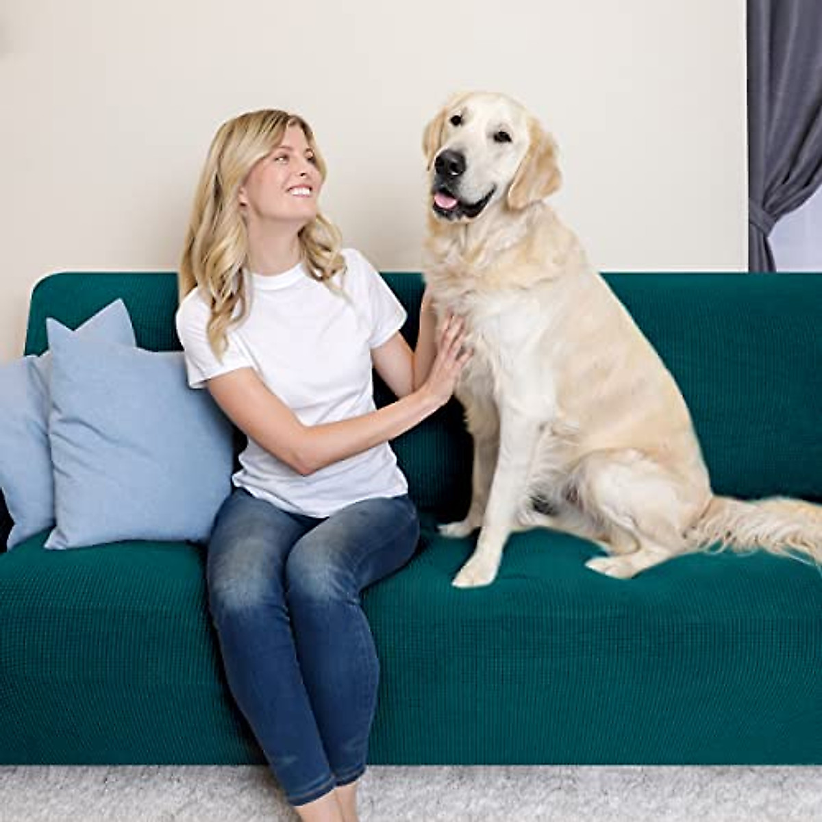 SUBRTEX Stretch Loveseat Sofa Slipcover 2 Piece Sofa Cover 2 Seater Soft Couch Slipcover Washable Furniture Covers, Jacquard Fabric Small Checks(Turquoise,Loveseat)