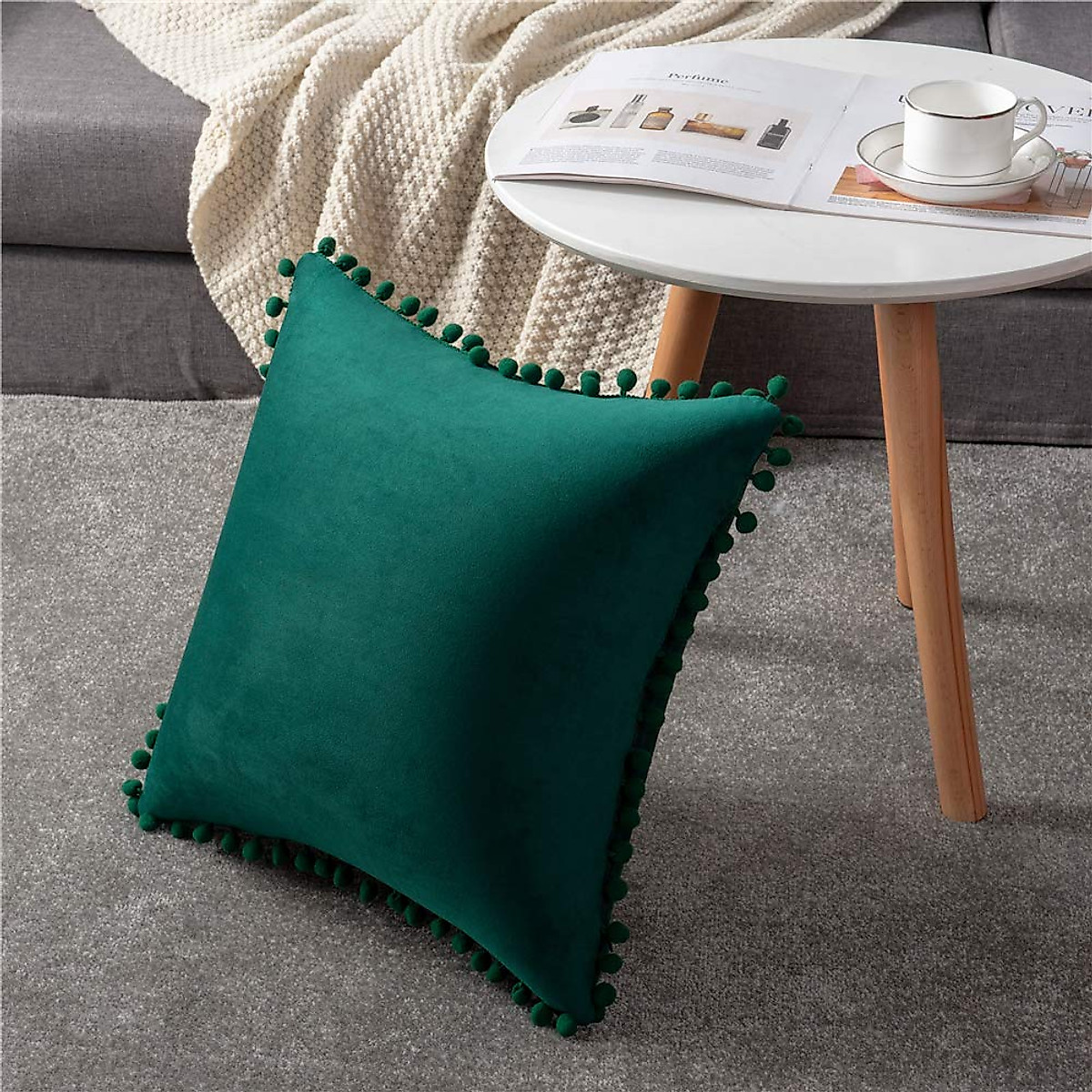 DEZENE Decorative Pillow Covers 18x18 Green: 2 Pack Cozy Soft Pom-poms Velvet Square Throw Pillow Cases for Farmhouse Home Decor