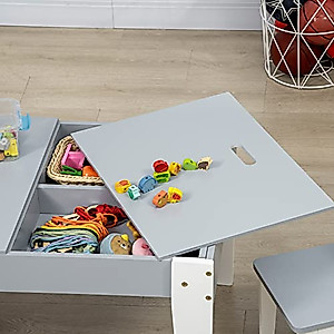 Qaba 3 Pcs Kids Table and Chair Set with Storage Under Tabletop, Activity Table and 2 Chairs, Kids Drawing Table for Playroom Furniture, Grey
