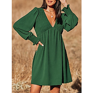 CUPSHE Women's Mini Dress Smocked V Neck Long Sleeve Empire Waist Casual A Line Green Dress