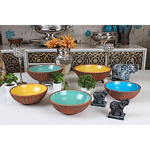 Handmade 10-inch Decorative Rustic Terracotta Bowl: Unique Gift! Ideal for Serving Fruit, Salad, Snacks, and Decorating. Leaf-Blue