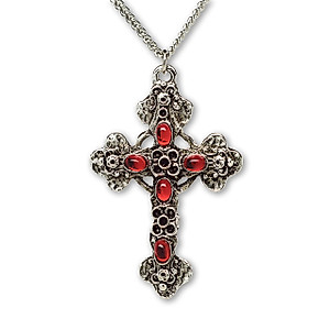 Gothic Filigree Cross with Red Stones Medieval Renaissance Pewter Pendant Necklace