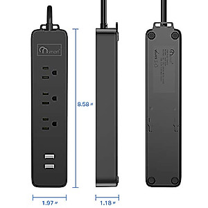 ONSMART 3 AC Outlets 2 USB Power Strip 2.4A Max Output-Mini Charging Station for Home, Travel, Office, Cruise, Overload Protection, 1.5Ft Extension UL Cord-Black(2Pack)