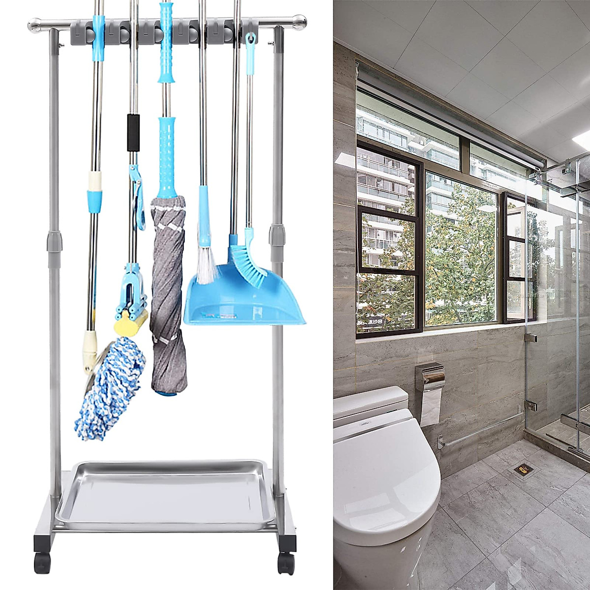 Wet Mops Rack Movable Broom Holder, Movable Closet Storage Cabinet Mop Rack with 5 Slots 6-Hook, Floor Standing Cleaning Tool Rack for Garden Garage Schools Hotels Hospitals Property Companies