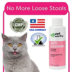 Vet Worthy Anti-Diarrhea for Cats - Cat Supplement to Help Relieve Diarrhea, Stomach Upset, and Discomfort - Pet Digestive Health Support with Kaolin and Pectin - 4oz