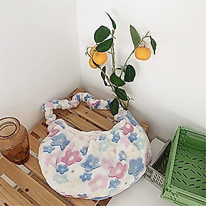 JIANEEXSQ Hobo Bag Women Floral Flower Fluffy Purse Large Capacity Furry Handbag Shoulder Tote Bag, White