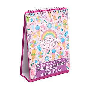 OOLY Sketch and Show Standing Sketchbook with 45 large 10.5 x 8" pages, Perforated to be easily removed, 120 GSM/ 32lb, Perfect for Markers, Colored Pencils and More [Sugar Joy]