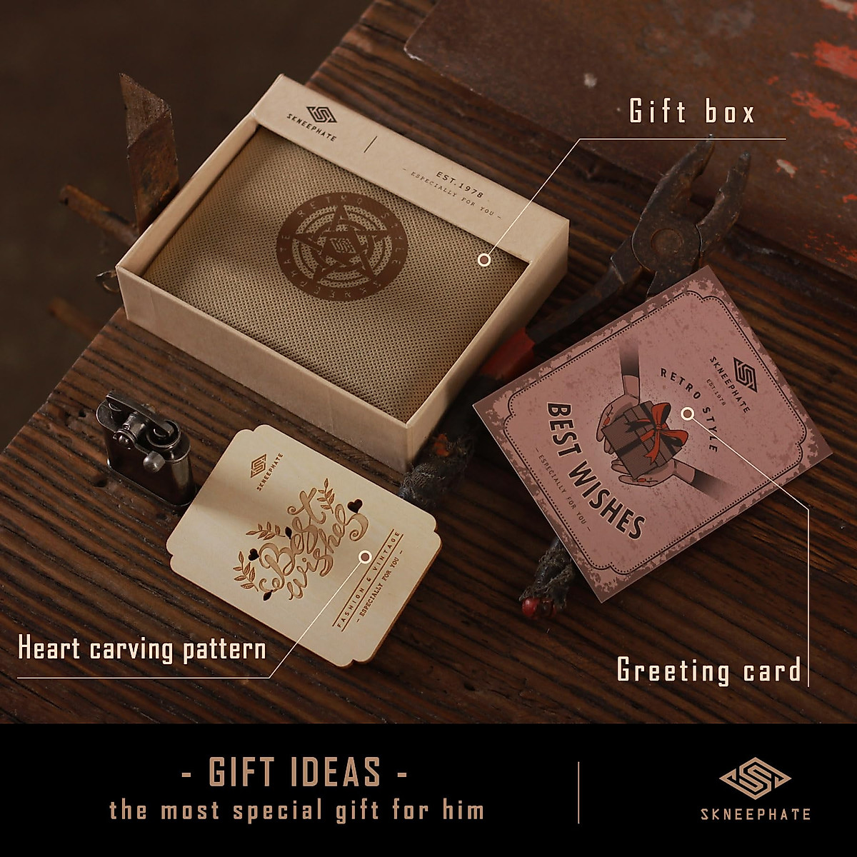 skneephate Men's Trifold Wallet,Wolf Wallets For Men Leather,Rfid Blocking,Gifts For Him Husband (brown)