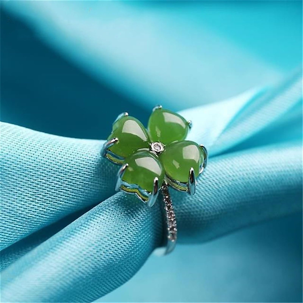 LSCZSLYH Classic Jade Green Clover Ring For Lady Anniversary Accessories Gift Fashion 925 Sterling Silver Ring Women Jewelry Adjustable (Gem Color : Ring)