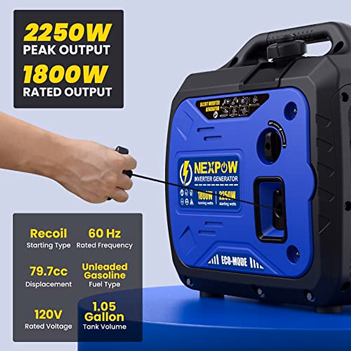 NEXPOW Portable Inverter Generator, 2250W Super Quiet Generator with CO Alarm Ideal,Eco-Mode Feature, Parallel Capability,EPA Compliant,and 5v/3A USB Outle,Lightweight For Backup Home Us& Camping