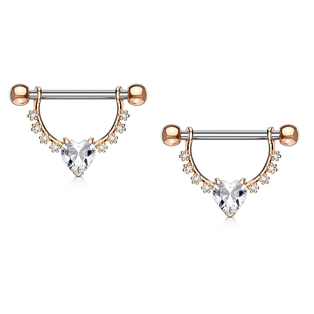 Forbidden Body Jewelry Pair of Surgical Steel 1/2 Inch D-Ring Style CZ Heart Dangle Nipple Barbells, Clear (Rose Gold Tone)