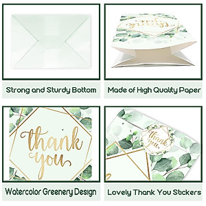 Levfla 24Pack Eucalyptus Greenery Spring Thank You Candy Bags with Stickers Sage Green Goodie Bags Neutral Baby Shower Bridal Shower Gift Paper Sack B-day Party Favor Ideas Decoration