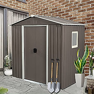 FRANSOUL 6 x 5 FT Outdoor Storage Shed, Metal Outside Sheds/Garden Storage Cabinet with Window and Sliding Doors, Steel Garden Shed Utility Tool Shed with Roof for Backyard Patio Garden Lawn, Grey