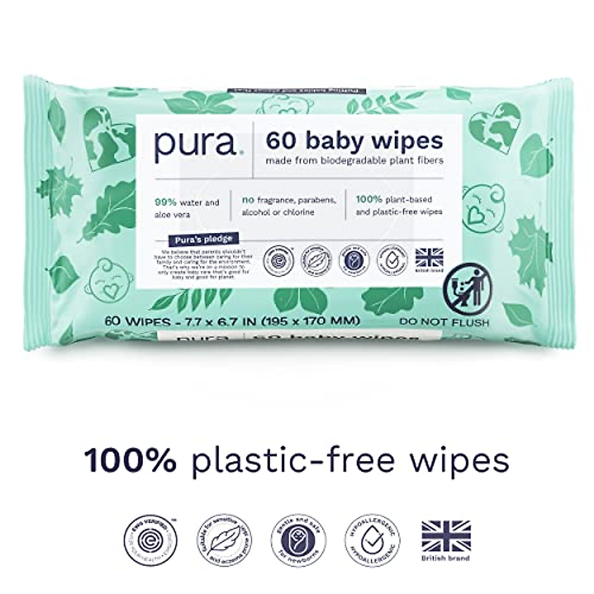 Pura Baby Wipes, 100% Plastic-Free & Plant Based Wipes, 99% Water, Suitable for Sensitive & Eczema-prone Skin, Fragrance Free & Hypoallergenic, Cruelty Free, EWG Verified, 1 Pack of 60 Wet Wipes