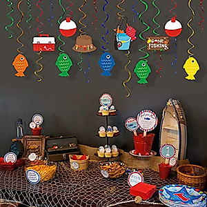 30CT Gone Fishing Party Hanging Swirl Decorations Kit Little Fisherman The Big One Birthday Baby Shower Photo Props Summer Reel Fun Ideas Ceiling Door Foil Whirls Streamers Supplies