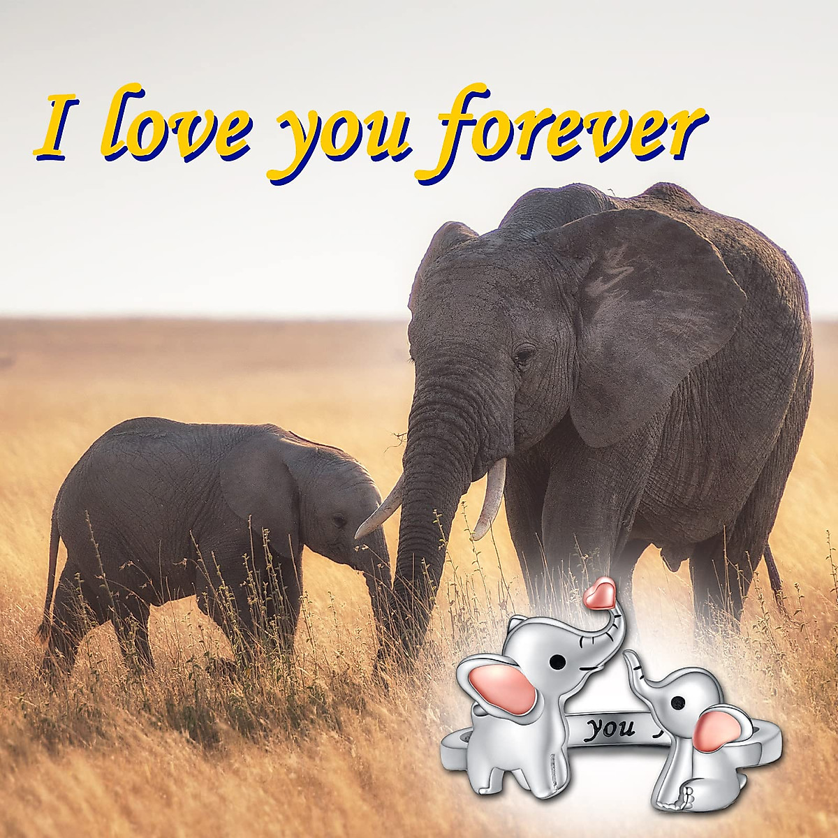 Silver Mom Daughter Elephant Ring - 925 Adjustable Love Heart Finger Rings Jewelry Gifts for Women Wife Mom Nana Daughter