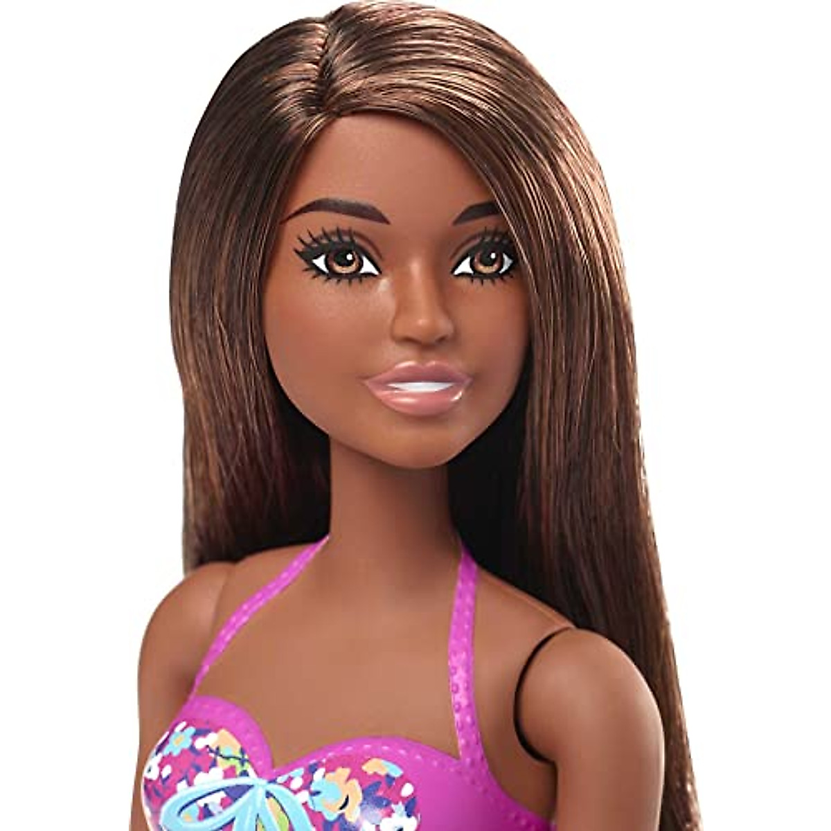 Barbie Doll and Pool Playset with Pink Slide, Beverage Accessories and Towel, Brunette Doll in Floral Swimsuit