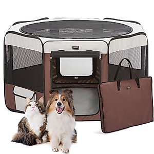 DONORO Dog Playpen 29" Portable Pet Play Pens for Small Dog/Cat/Rabbit/Chicks, Foldable Exercise Kennel Tent Crate Indoor/Outdoor Travel Camping, Removable Top/Bottom (Brown, Small (29"x29"x15"), 8)