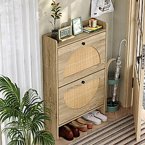 furomate Shoe Rack Storage Cabinet with 2 Natural Semi-Circular Rattan Doors, Entryway Boho Shoe Cabinet for Sneakers, Leather Shoes, High Heels, Slippers, 36.7“ Entryway Furniture