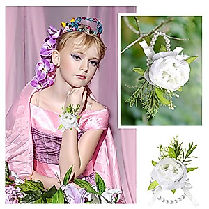 10 Pcs Ivory Rose Wrist Corsage Wristlet Band Prom Hand Flower Bride Wrist Corsage White Wedding Corsage Bracelet Bridesmaid Wristband for Women Homecoming Bridal Shower Accessories (Pearl Style)