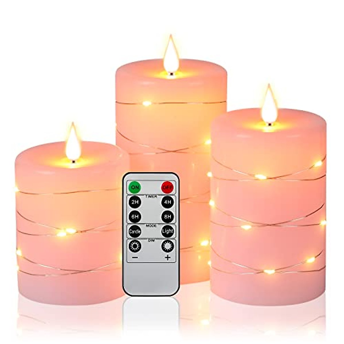Da by Flameless Candles with String Lights，Battery Operated Candles,LED Flickering Candles with Remote Control and Timer, Real Wax, 3 Pack-Pink