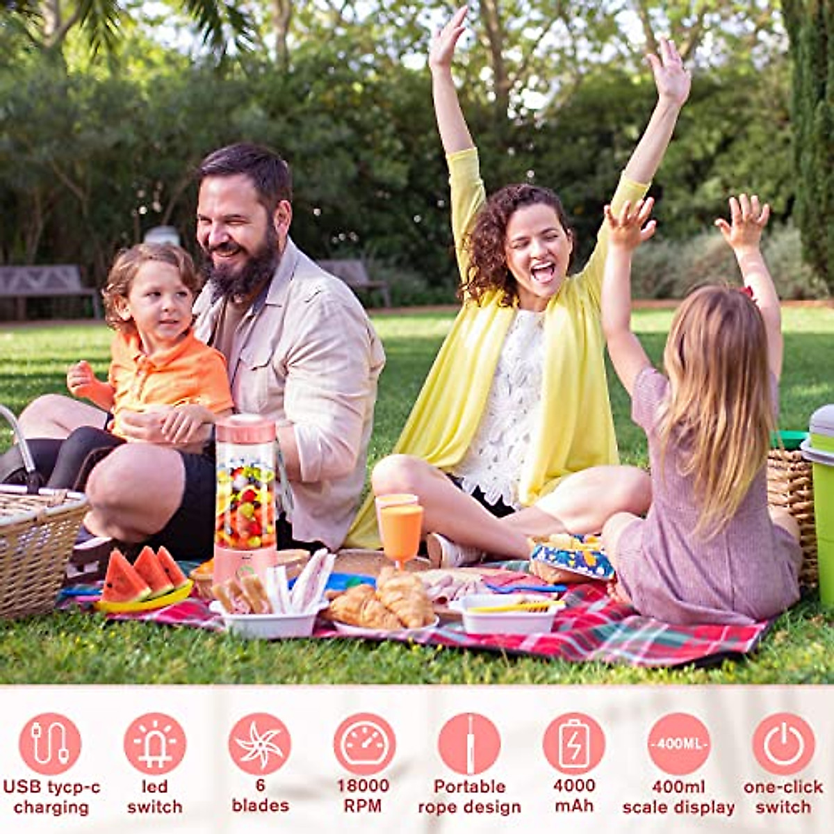 Portable Blender, Personal Blender for Shakes and Smoothies 13.5 Oz Blender Bottles with 6 Sharp Blades Hand-held Blender for Kitchen Gym Travel Office