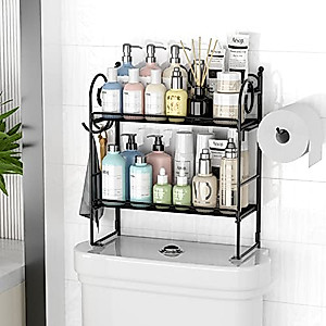 EKNITEY Flolding Over Toilet Storage - No Assembly Bathroom Organizer Shelf Above Toilet Storage Rack with Hooks and Paper Holder 2 Tier Black