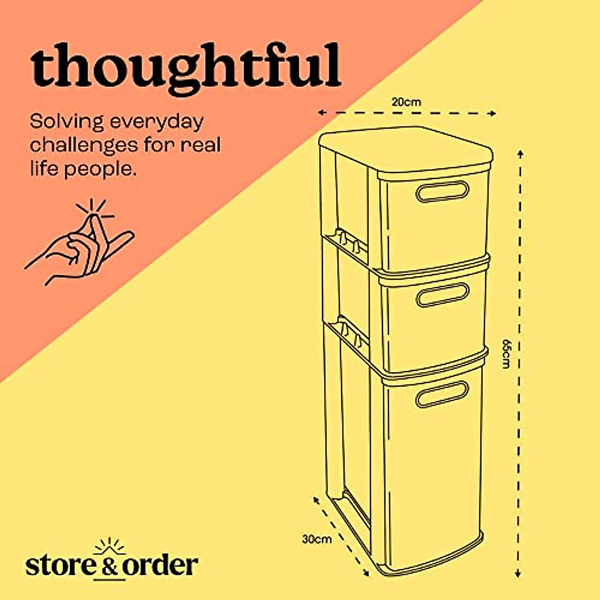 Store & Order Slimline 3 Drawer Tower - Slim & Narrow Plastic Drawers, Perfect Storage Unit for Bathroom, Hallway, Office, Wardrobe or Utility Room, White Rattan Design