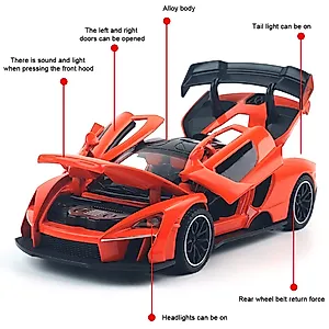 Diecast Toy Car McLaren Senna Sports Car Model,Zinc Alloy Simulation Casting Pull Back Vehicles,1:32 Scale Mini Electronic Supercar Toys with Lights and Music for Toddlers Kids Children Gift (Orange)