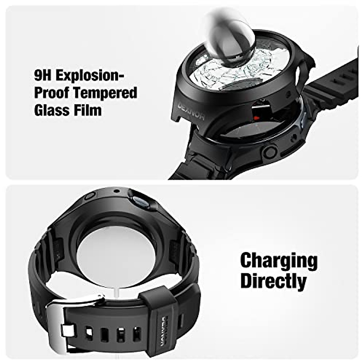 Dexnor for Galaxy Watch Active 2 Case with Band 44mm,[Built-in Adjustable Band & Screen Protector] Rugged Military Grade Shockproof Cover with Strap for Samsung Watch Active 2 44mm Women Men-Black