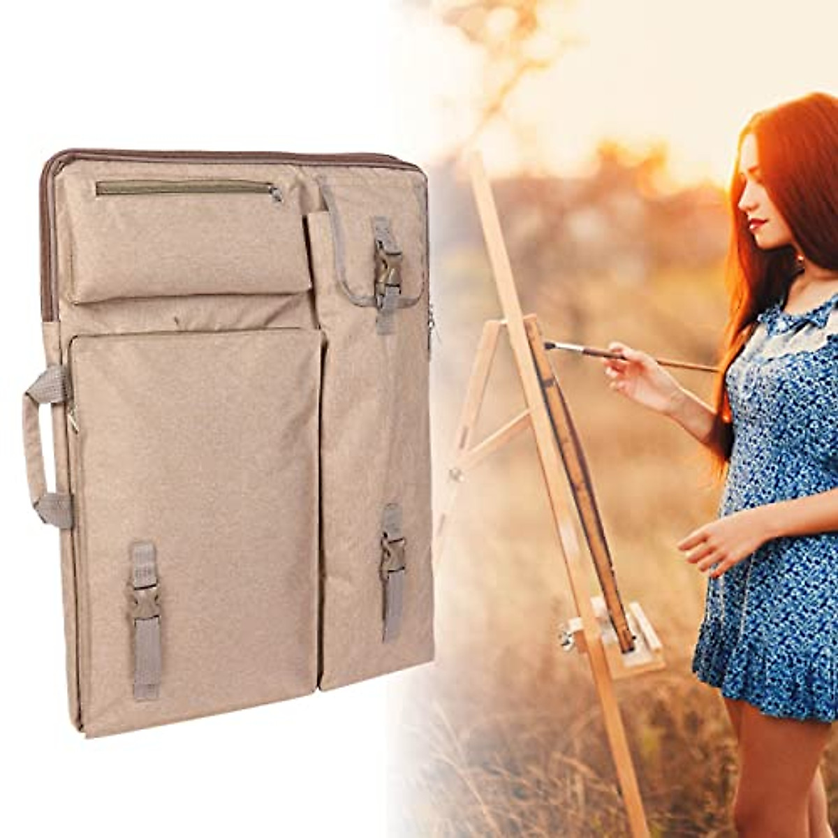 Art Portfolio Carrying Bags for Supplies Artwork Poster Board Project Drawing Case Large Art Portfolio Display Screen Carrying and Traveling(Khaki)