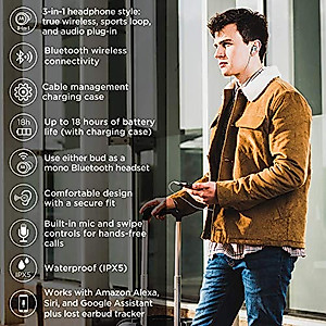 Motorola Tech 3-3-in-1 Smart True Wireless Headphones - Cordless Earbuds, Sport Wire, Audio Plug-in - IPX5, Built-in Microphone, Magnetic Charging Case with Cable Storage System - Platinum White