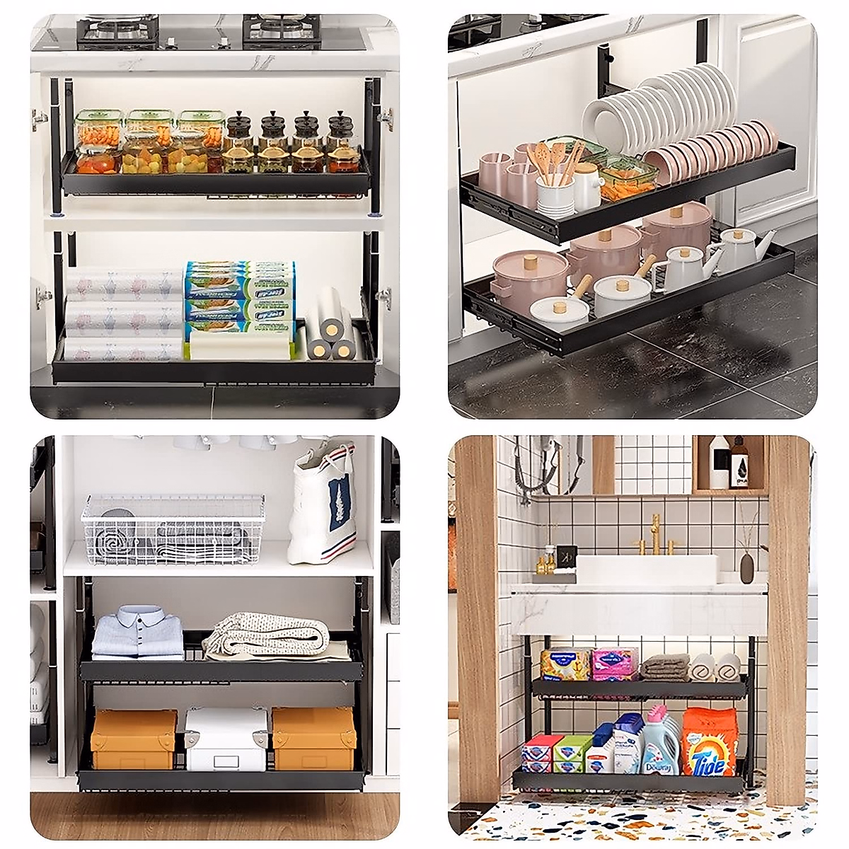 moapm Pull Out Cabinet Organizer Wire Basket Slide Out Cabinet Drawer 2 Tier Individual Storage Shelves Spice Rack Under Sink Organizers and Storage for Kitchen, Bathroom Double Layer