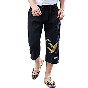 LZJN Men's Summer 3/4 Pants Cotton Linen Elastic Waistband Wide Leg Capri Shorts Bermuda Lounge Trousers with Embroidery (MF-138 Black, One Size)