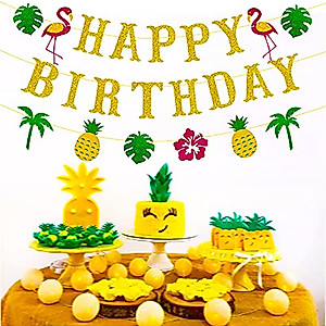 Saliyaa Tropical Happy Birthday Banner,Gold Glitter Hawaiian Luau Birthday Sign,Final Flamingo Pineapple Palm Leaf Coconut Tree Hibiscus Flower Banner for Summer Birthday Party Decorations Supplies