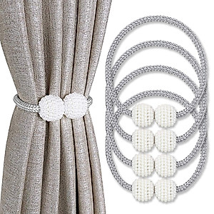 Pinowu Magnetic Curtain Tiebacks Convenient Drape Tie Backs (4pcs), Pearl Decorative Holdback Rope Holder for Small, Thin or Sheer Window Draperies (Gray)