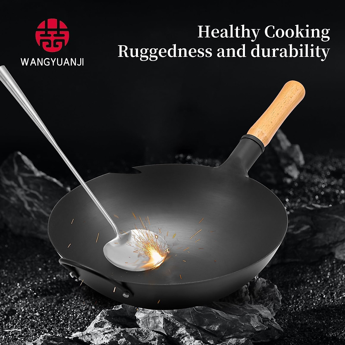 WANGYUANJI Iron Wok, 14.17’’ Traditional Round-Bottom Wok, Chef’s Professional Stir-Fry Pan with Wooden Handle, Chemical-Free Iron Wok for Gas Stoves and Round-Bottom Induction Stovetop