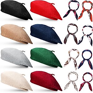 Laumoi 16 Pieces Wool Beret Hat French Style Artist Beanie Beret with Silky Scarf Set for Women, One Size