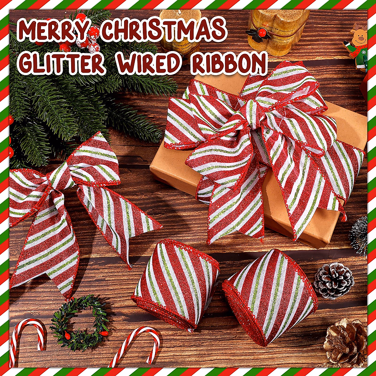 2 Rolls Christmas Wired Ribbon Red Green Stripe Glitter Ribbon Xmas Wrapping Burlap Decor for Home Party DIY Craft Bows, 2.5 Inch 20 Yards (White)