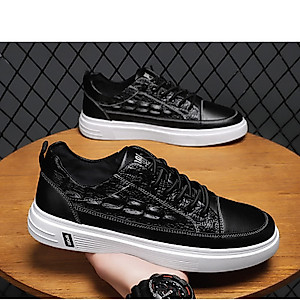 Men’s Crocodile Print Lace Up Low Top Flat Leather Sneakers Breathable Light-Weight Outdoor Causal Walking Shoes Slip On Comfortable Working Driving Non-Slip Sports Shoes (white and black,7)