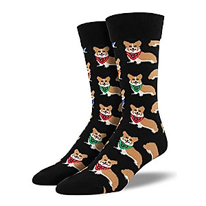 Socksmith Mens' Novelty Crew Socks "Corgi", Black, Sock Size 10-13, Shoe Size 7-12.5