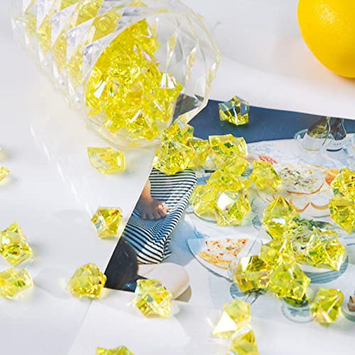 DomeStar Iridescent Yellow Acrylic Ice Rocks, 180PCS Holographic Crushed Ice Dazzling Fake Diamonds Sparkling Plastic Gems for Vases Fillers Table Scatter Decoration Game