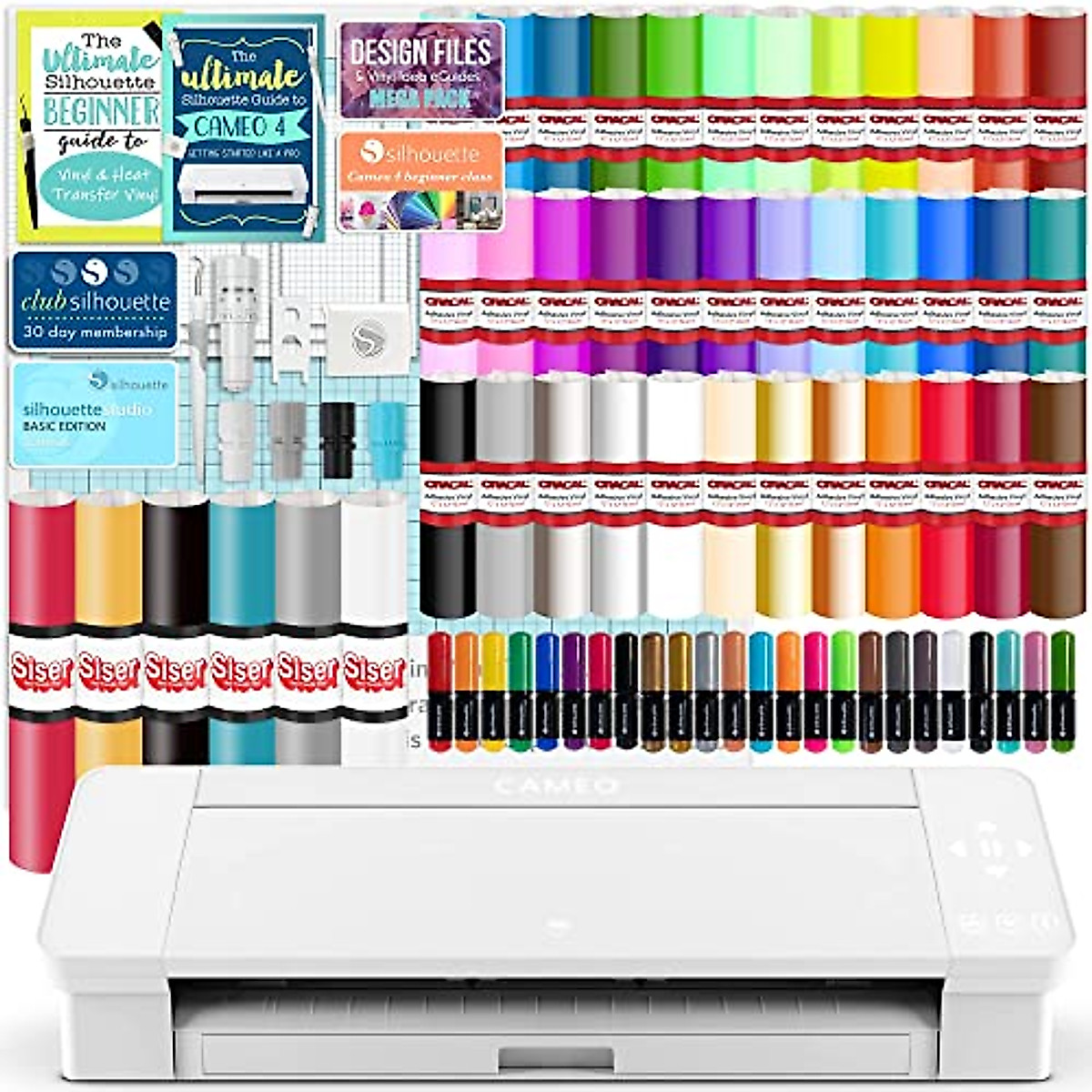 Silhouette White Cameo 4 Starter Bundle with 38 Oracal Vinyl Sheets, T-Shirt , Transfer Paper, Class, Guides and 24 Sketch Pens